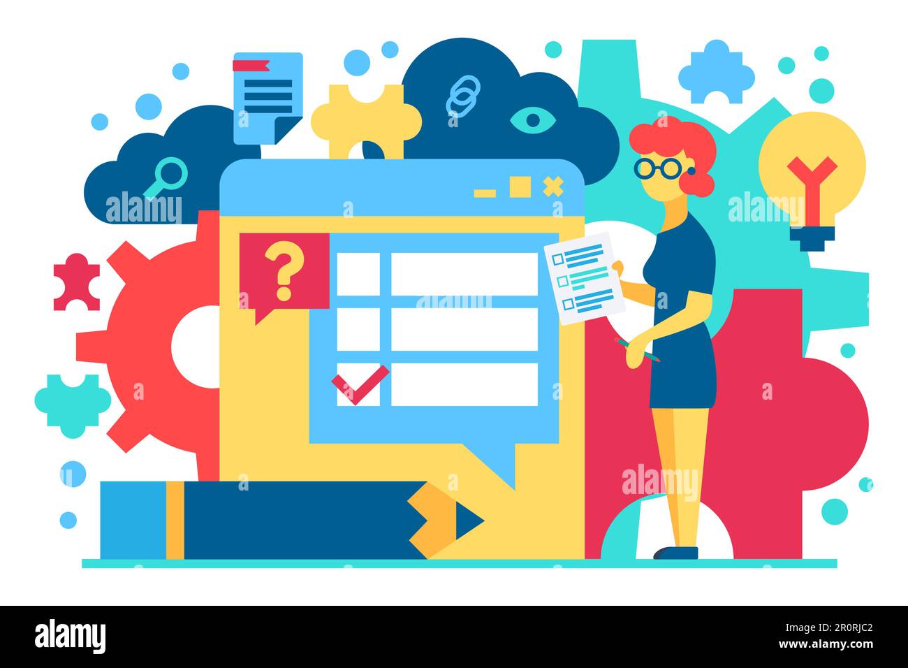 Customer support flat vector illustration. Survey, examination cartoon ...