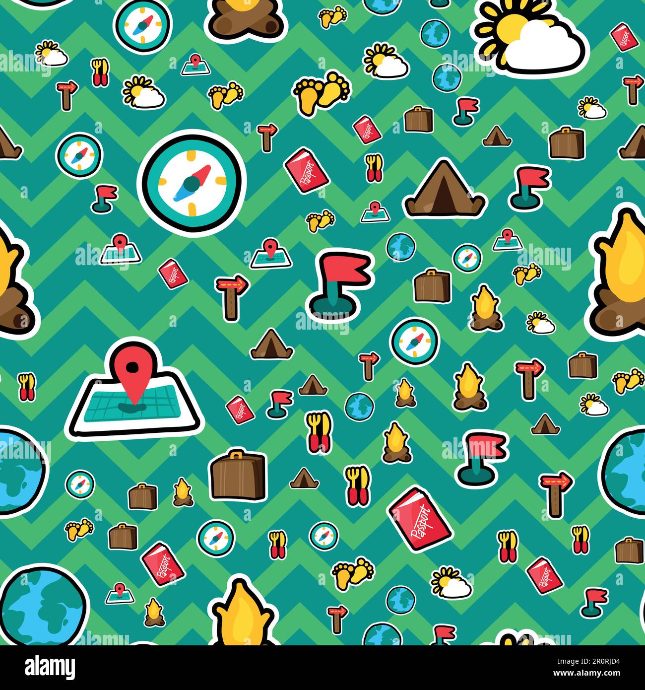 Camping stickers seamless vector pattern. Tourism, travel. Hiking, trip ...