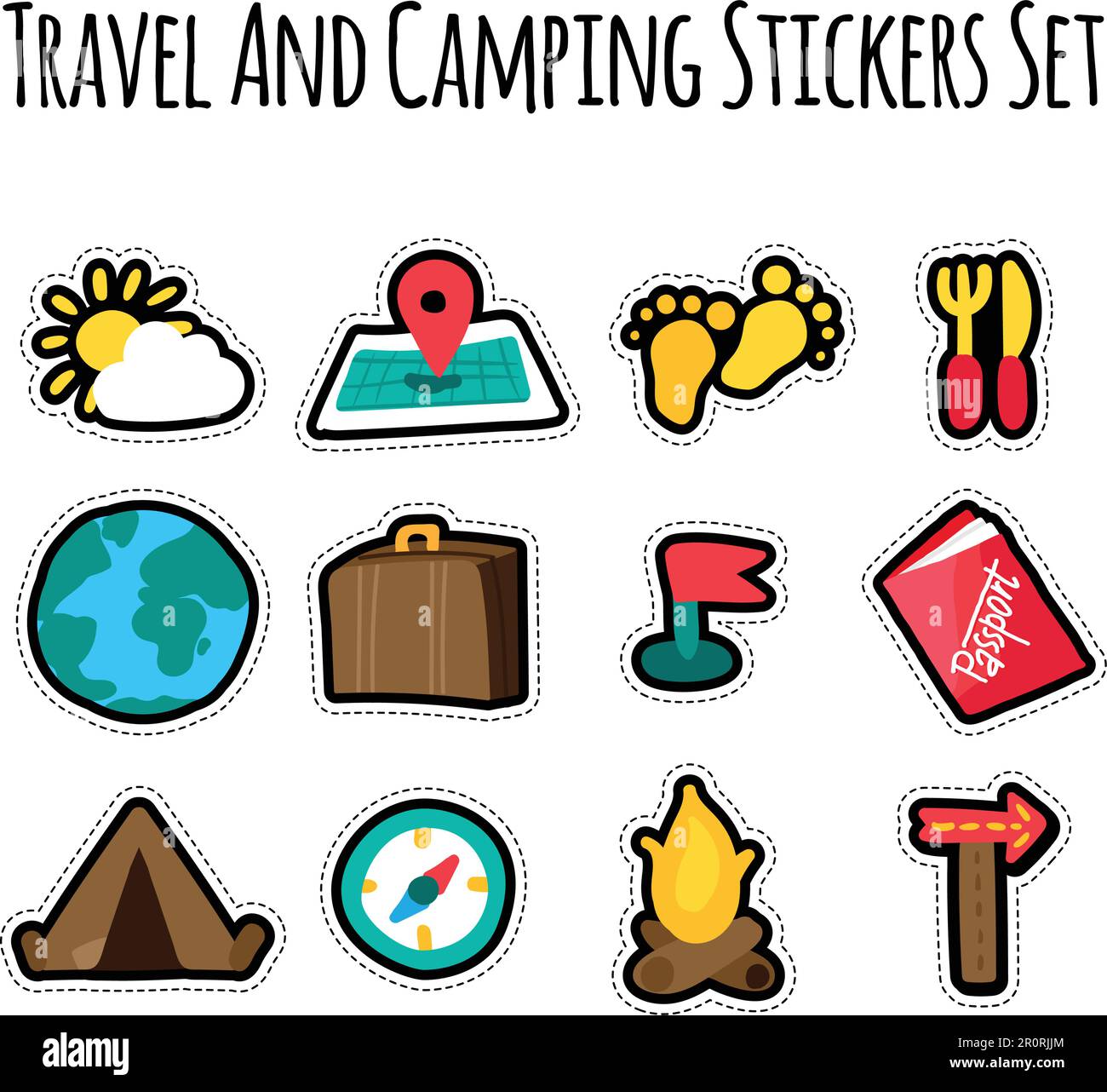 Travel and camping flat stickers set. Tourism, vacation, trip color ...