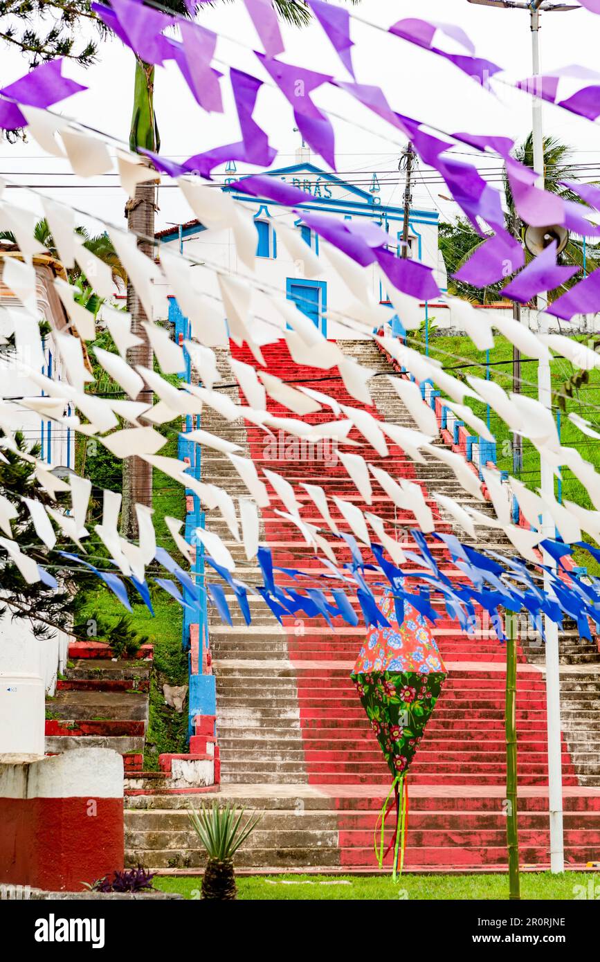 Colorful decoration with flags for the feast of Sao Joao in the city of ...