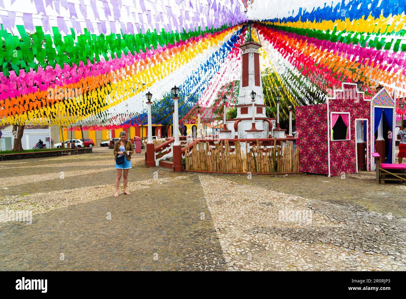 Colorful decoration with flags for the feast of Sao Joao in the city of ...