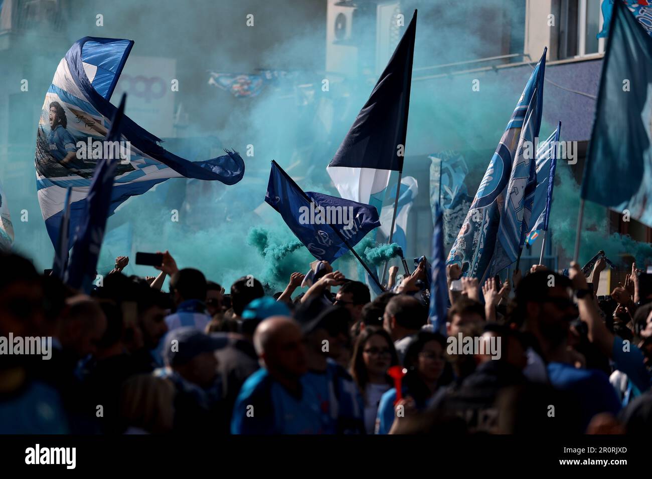 Naples, Italy, 7th May 2023. SSC Napoli fans wave flags and let off ...