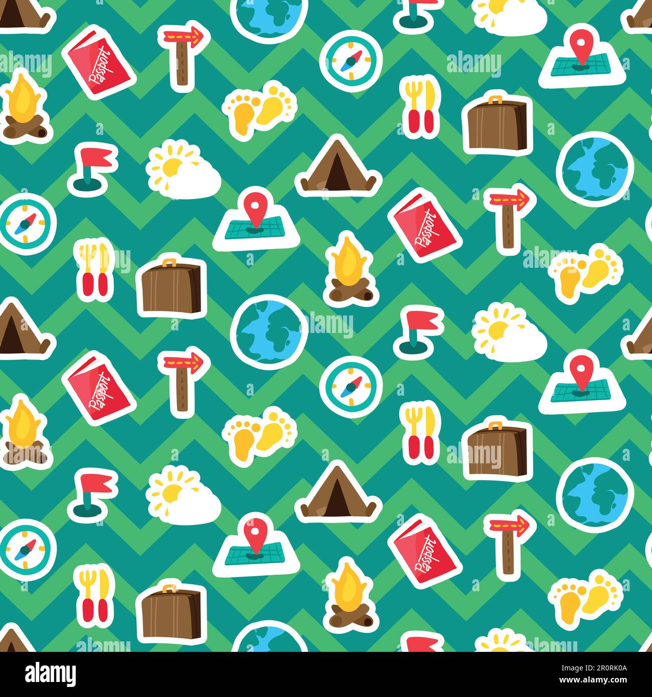 Vacation travel stickers seamless pattern. Tourism. Hiking, camping ...