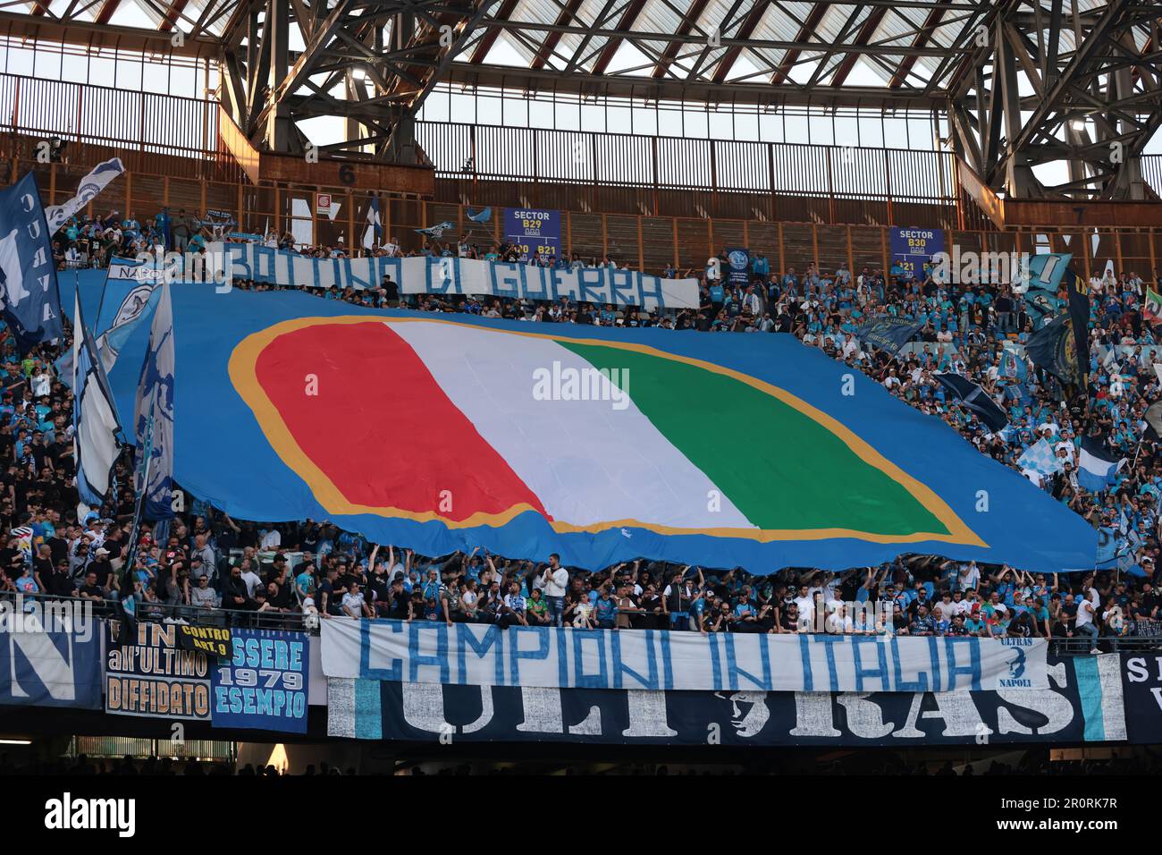 Naples, Italy, 7th May 2023. SSC Napoli fans display a Scudetto upside ...