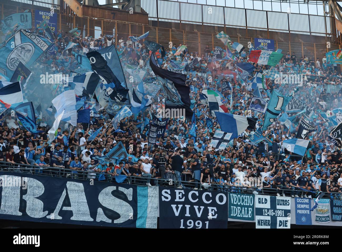 Naples, Italy, 7th May 2023. SSC Napoli fans wave flags and let off ...