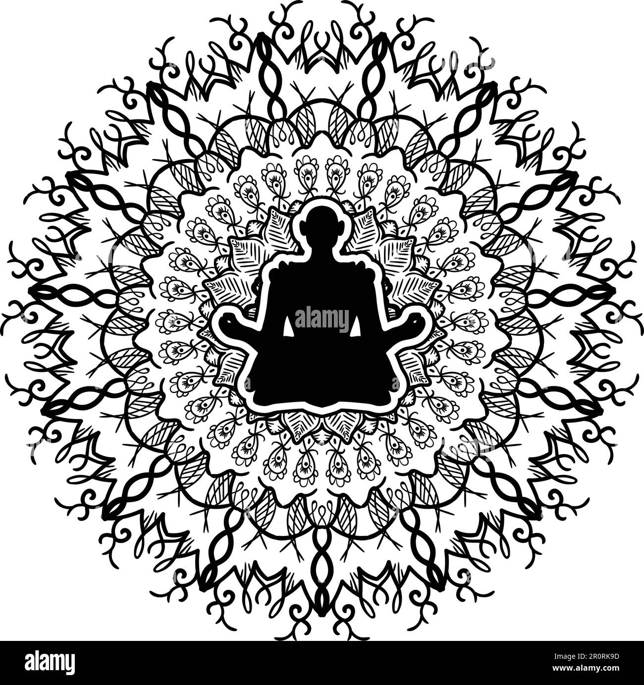 Yoga symbol, monochrome mandala art. Meditating character silhouette ...