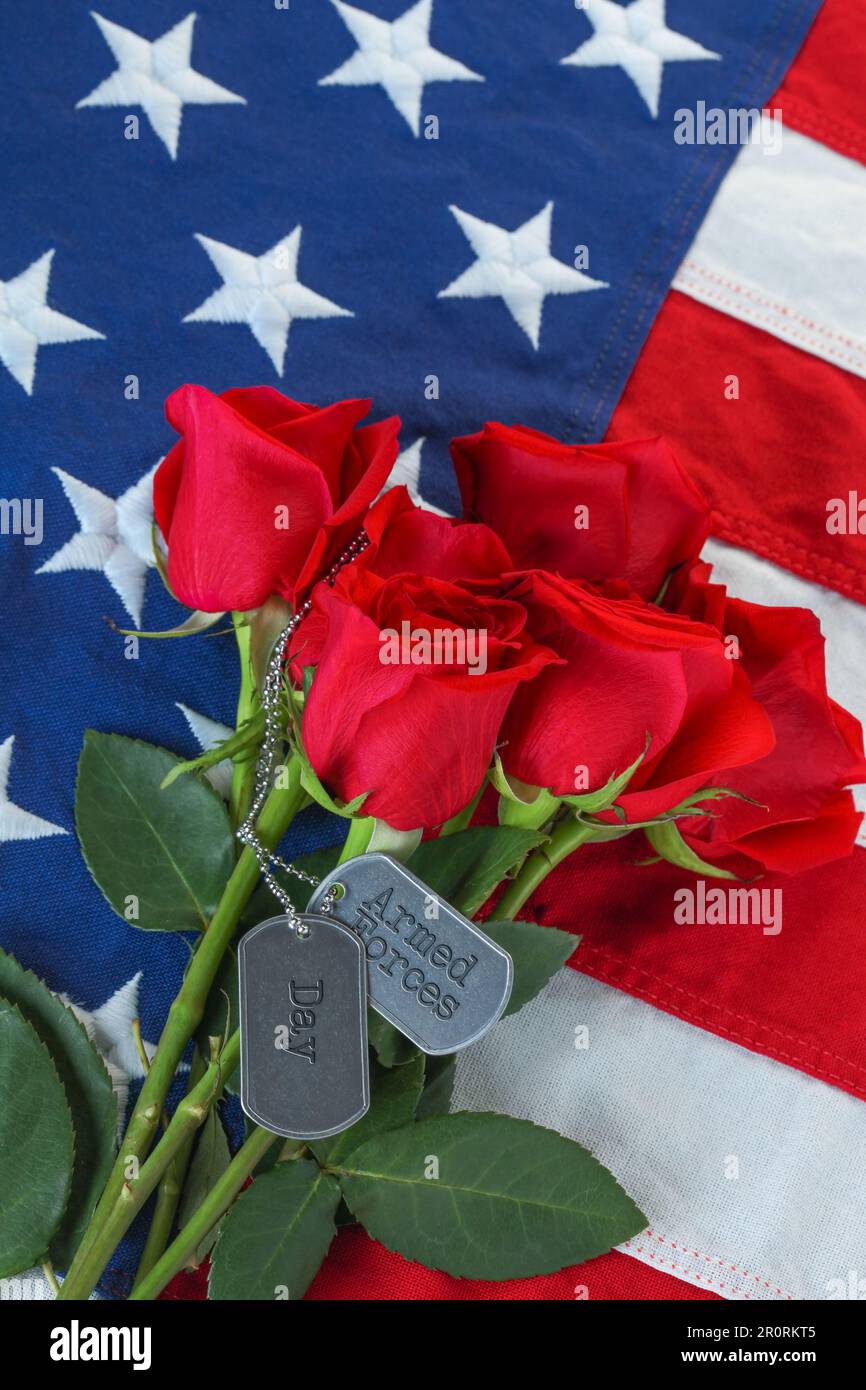 American flag with roses and military dog tags with text - Armed Forces ...