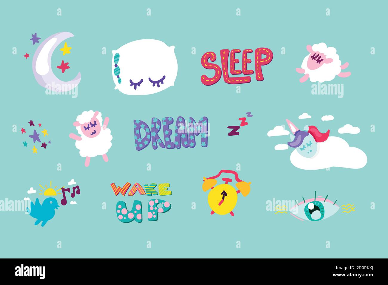 Wake up, sleep stitched frame stickers set. Dream lettering, sheep ...