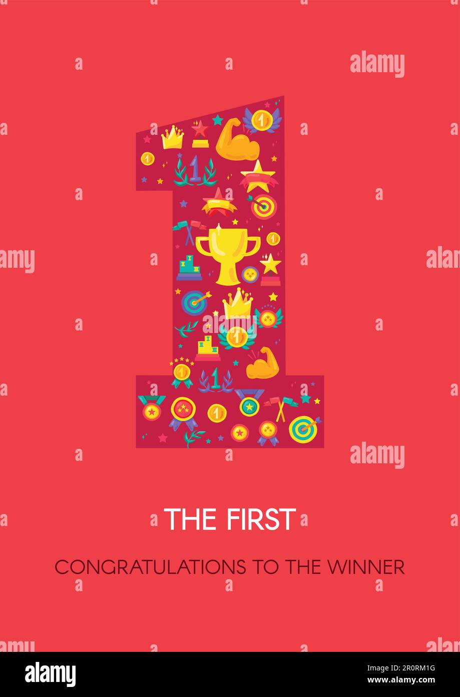Winner congratulations vector poster. Number one silhouette with flat ...