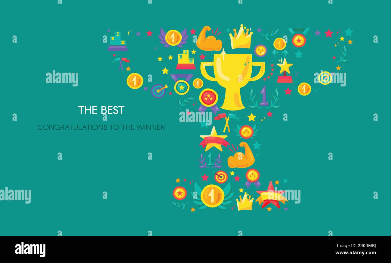 Sport achievement, victory vector banner. Trophy shape with flat ...