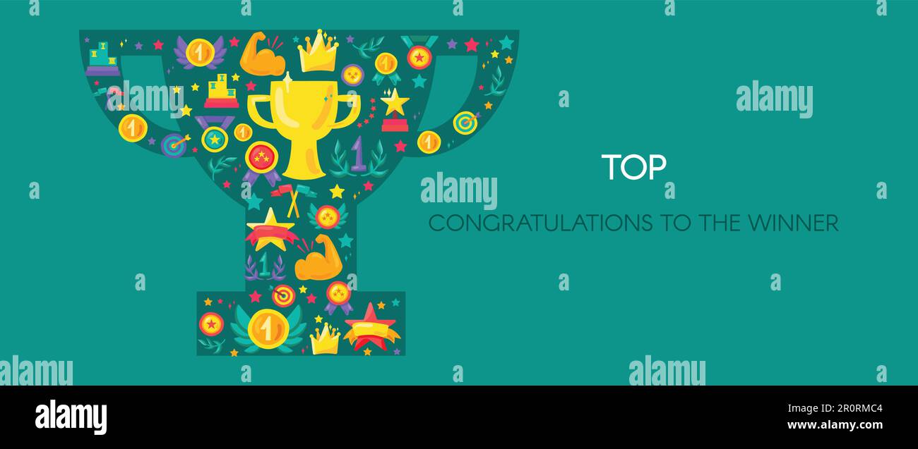 Sport achievement, victory vector banner. Trophy shape with flat ...