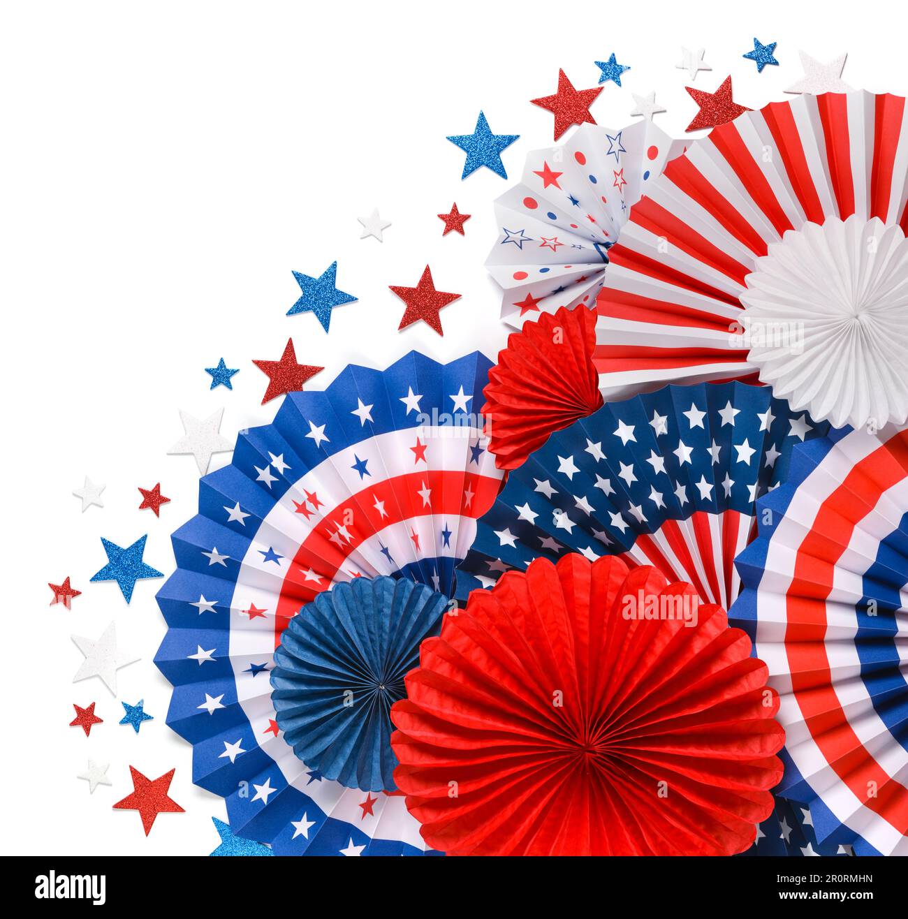 Vibrant red white and blue paper fans with stars in the bottom right ...