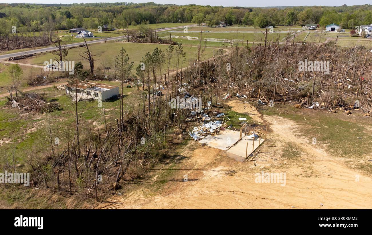 Adamsville, TN, April 18, 2023 -- Aerial view showing the devastation from the March 31 - April ...