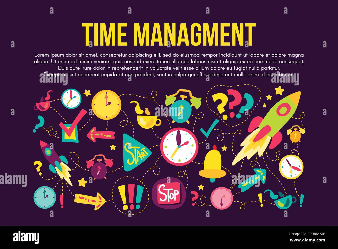 Time management stickers set set. Cartoon illustrations. Dash line ...