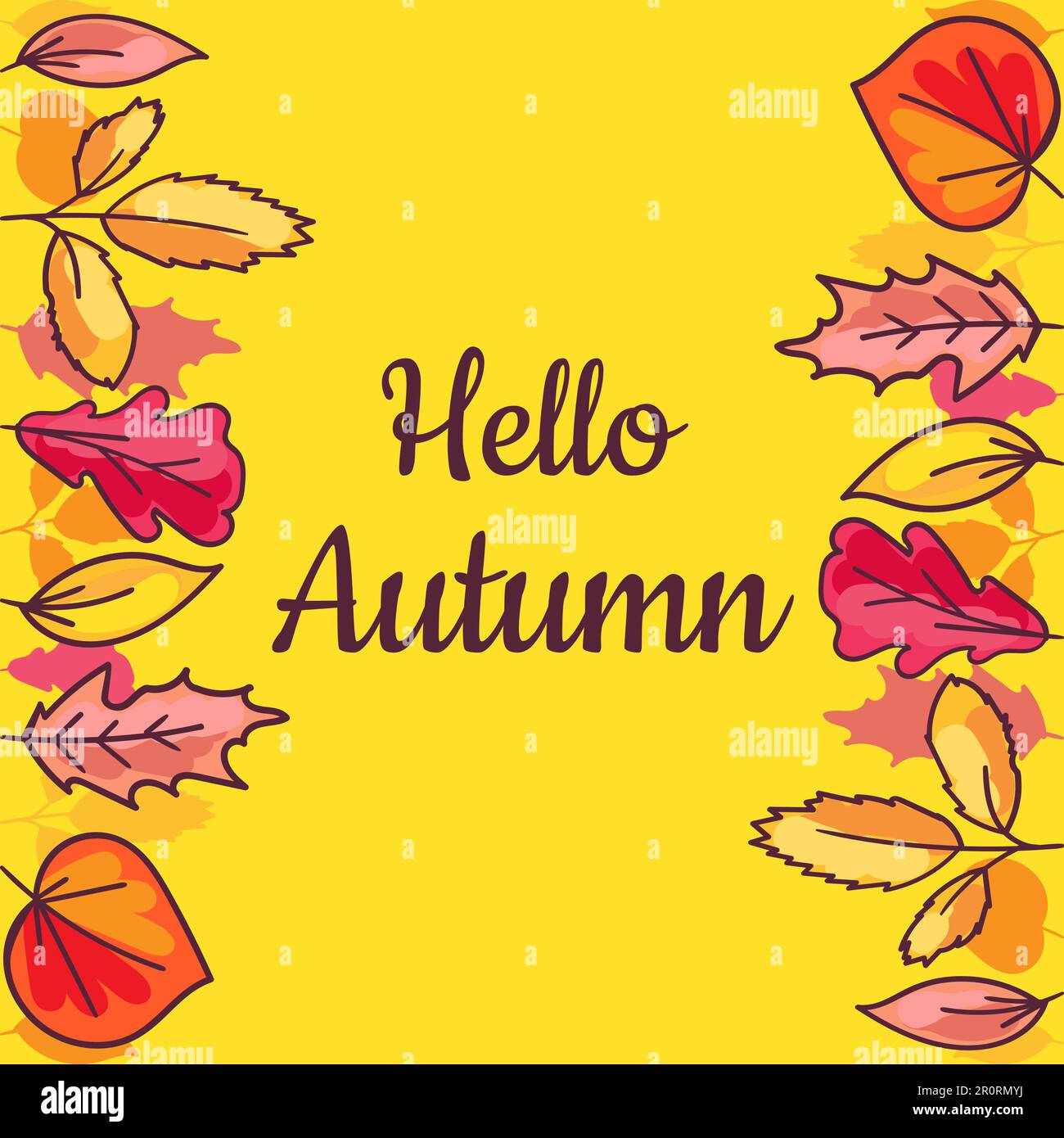 Hello Autumn Banner with Hand Drawn Dry Leaves Isolated on Yellow ...