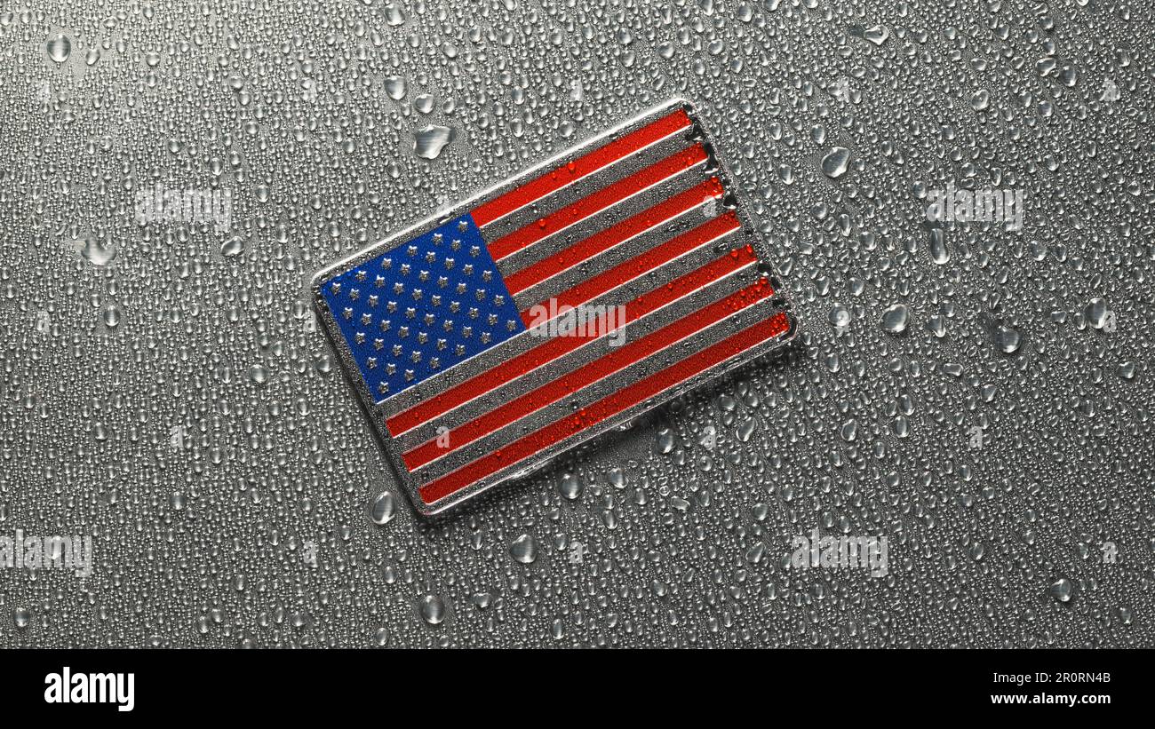 Shiny metal US American flag covered in water drops. Patriotic USA flag ...