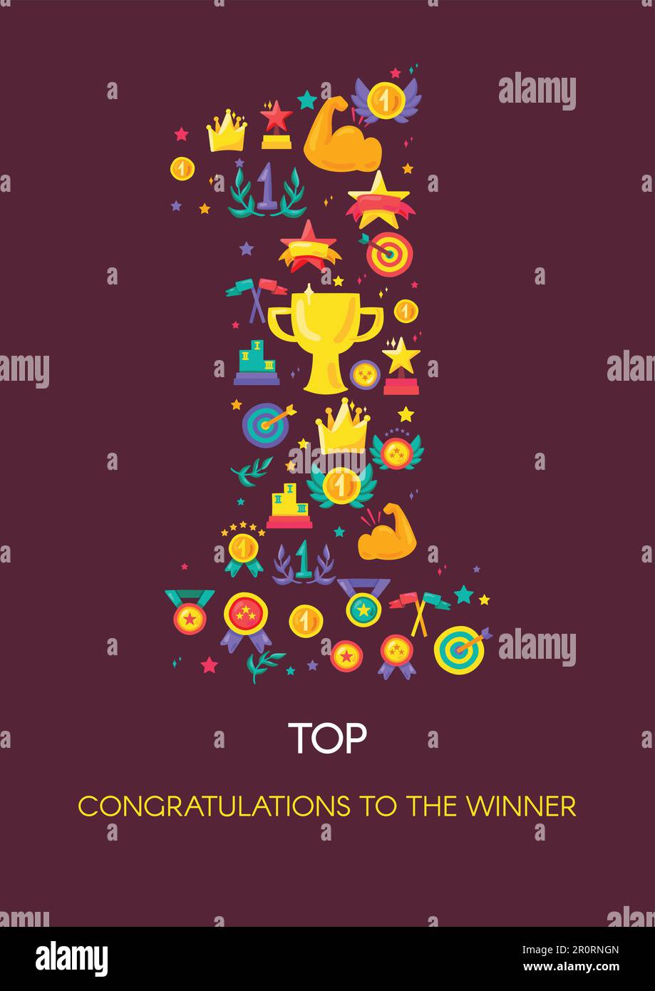 Winner congratulations vector poster. Number one silhouette with flat ...