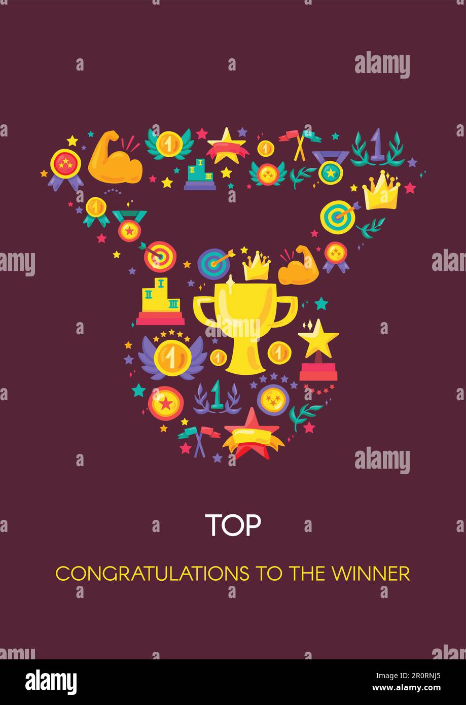 Winner celebration cartoon poster. Metal silhouette with flat icons ...