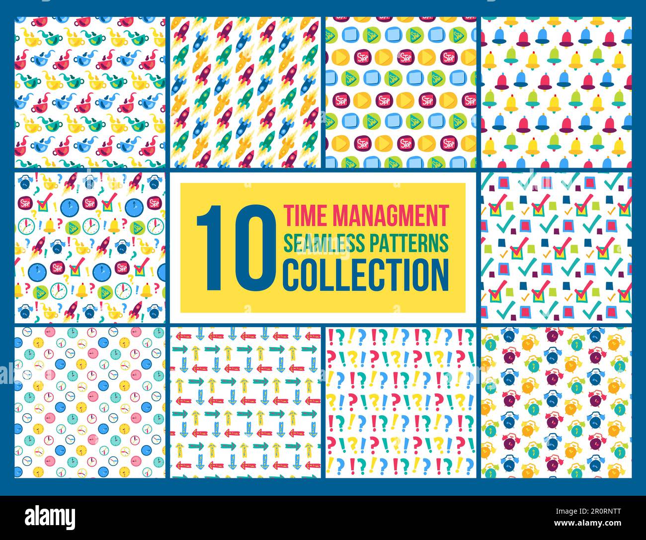 Time management seamless pattern set. Rocket, tea, alarm clock flat ...