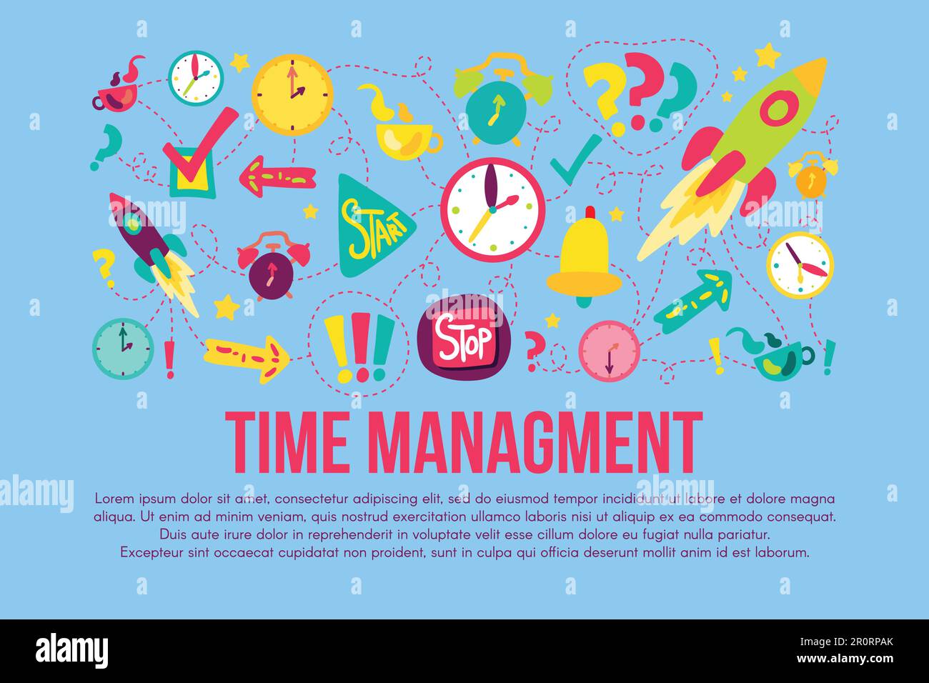 Time management stickers set set. Cartoon illustrations. Dash line ...