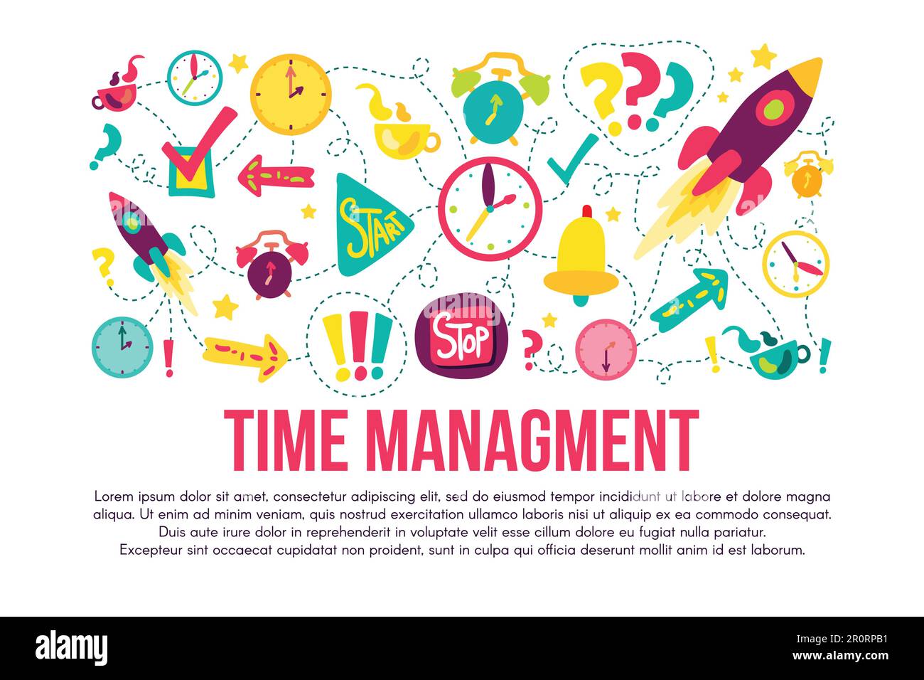 Time management stickers set set. Cartoon illustrations. Dash line ...