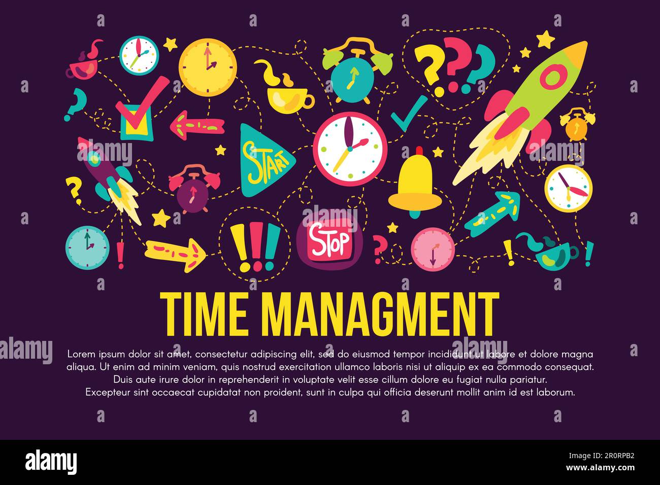 Time management stickers set set. Cartoon illustrations. Dash line ...