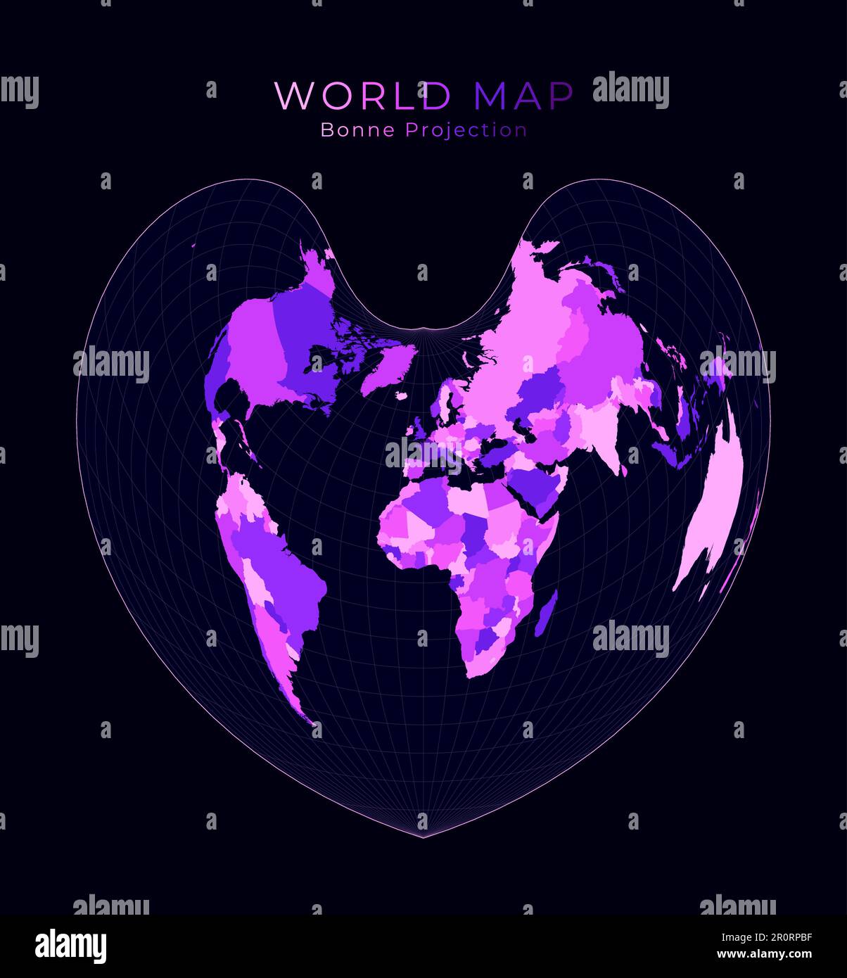 World Map. Bonne pseudoconical equal-area projection. Digital world ...