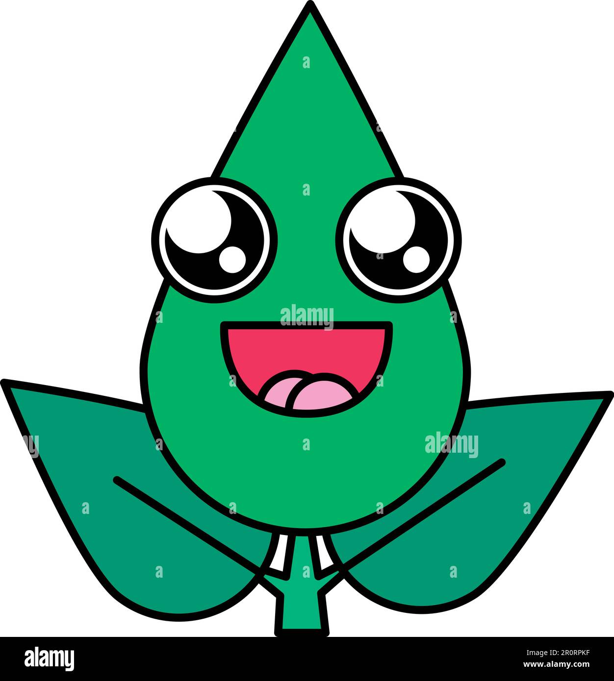 Green leaf excited face expression icon. Kawaii botanical surprised ...
