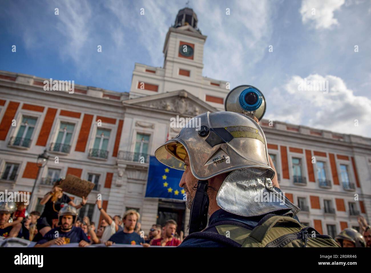 Madrid, Spain. 09th May, 2023. A firefighter with his helmet is seen in ...
