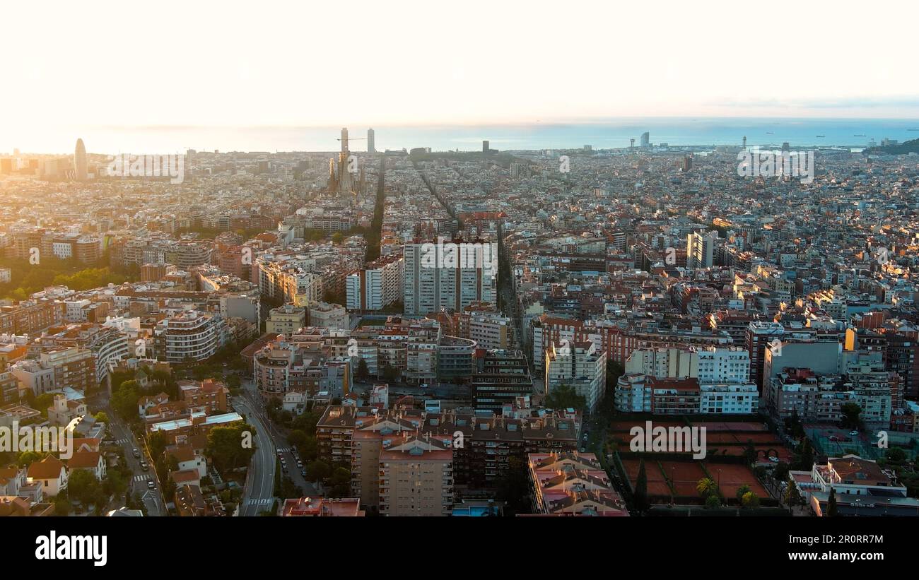 Aerial view of Barcelona skyline and Sagrada Familia Cathedral ...