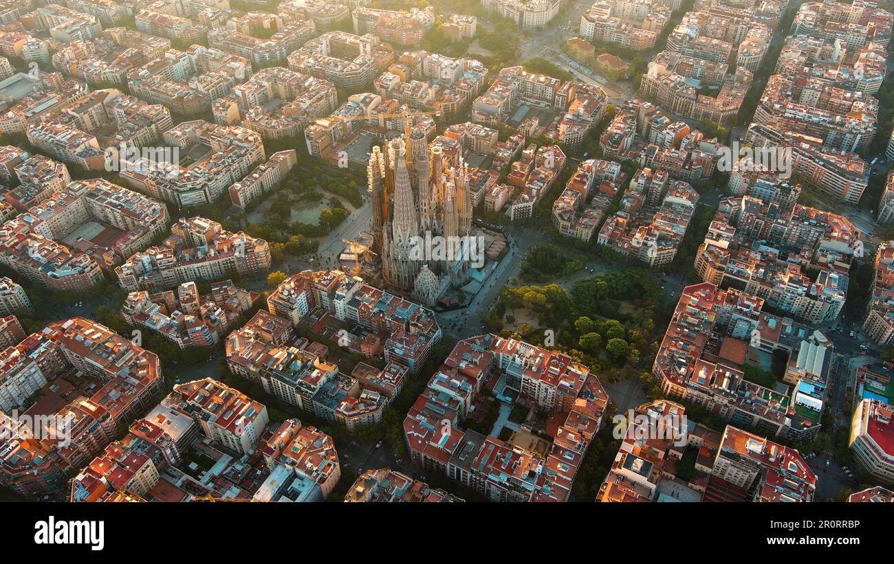 Aerial view of Barcelona skyline and Sagrada Familia Cathedral ...