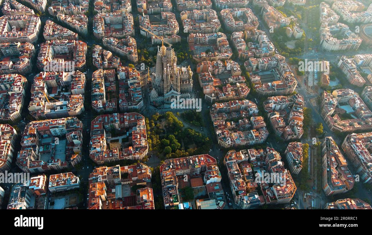Aerial view of Barcelona skyline and Sagrada Familia Cathedral ...