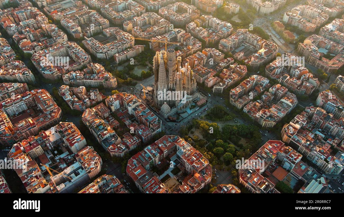 Aerial view of Barcelona skyline and Sagrada Familia Cathedral ...