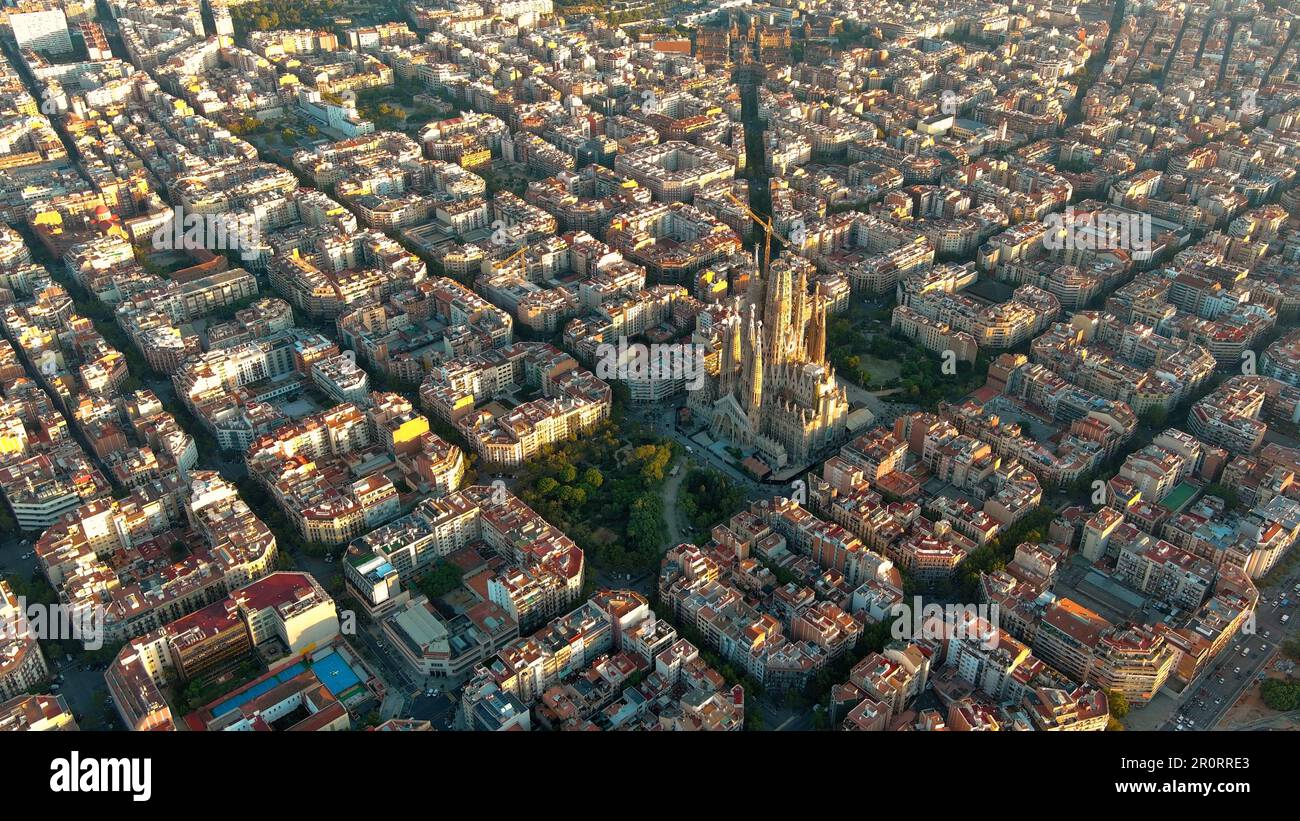 Aerial view of Barcelona skyline and Sagrada Familia Cathedral ...