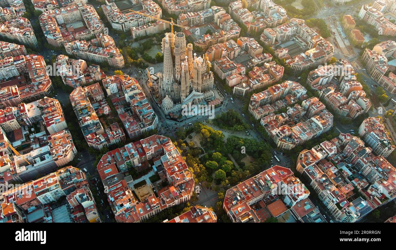 Aerial view of Barcelona skyline and Sagrada Familia Cathedral ...
