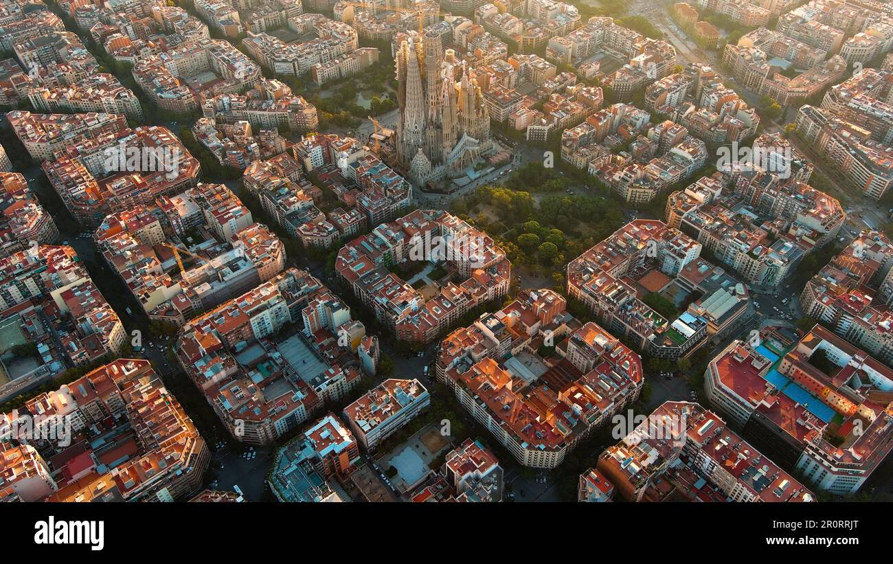 Aerial view of Barcelona skyline and Sagrada Familia Cathedral ...