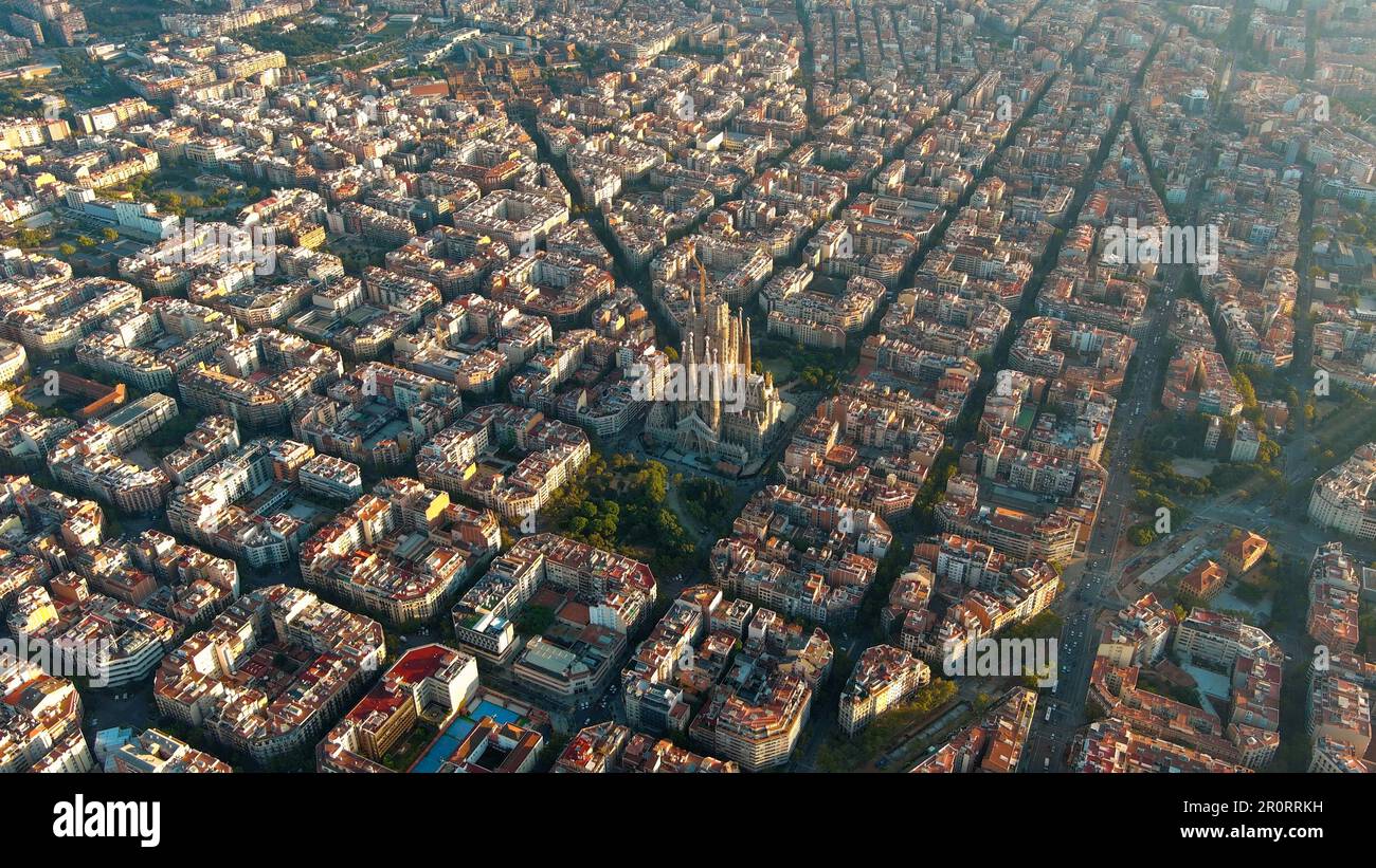 Aerial view of Barcelona skyline and Sagrada Familia Cathedral ...
