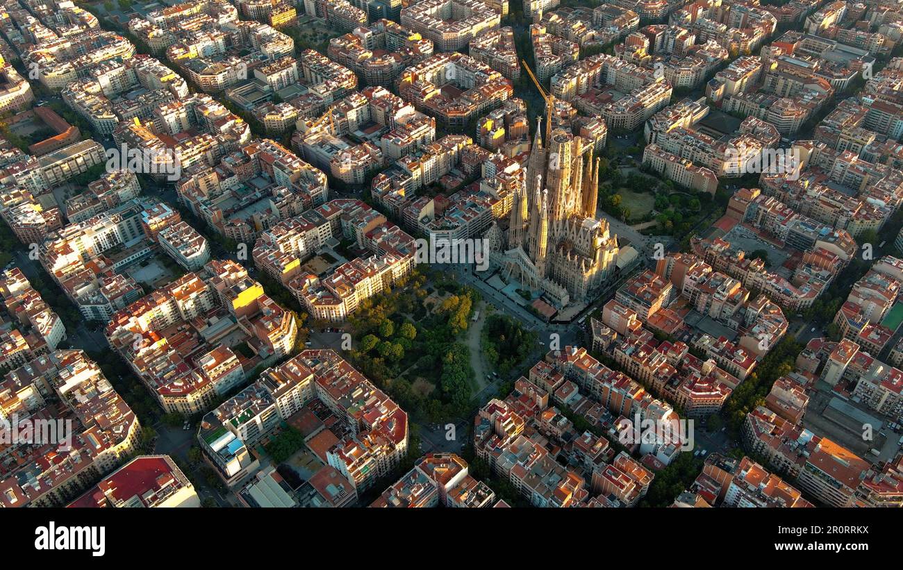 Aerial view of Barcelona skyline and Sagrada Familia Cathedral ...