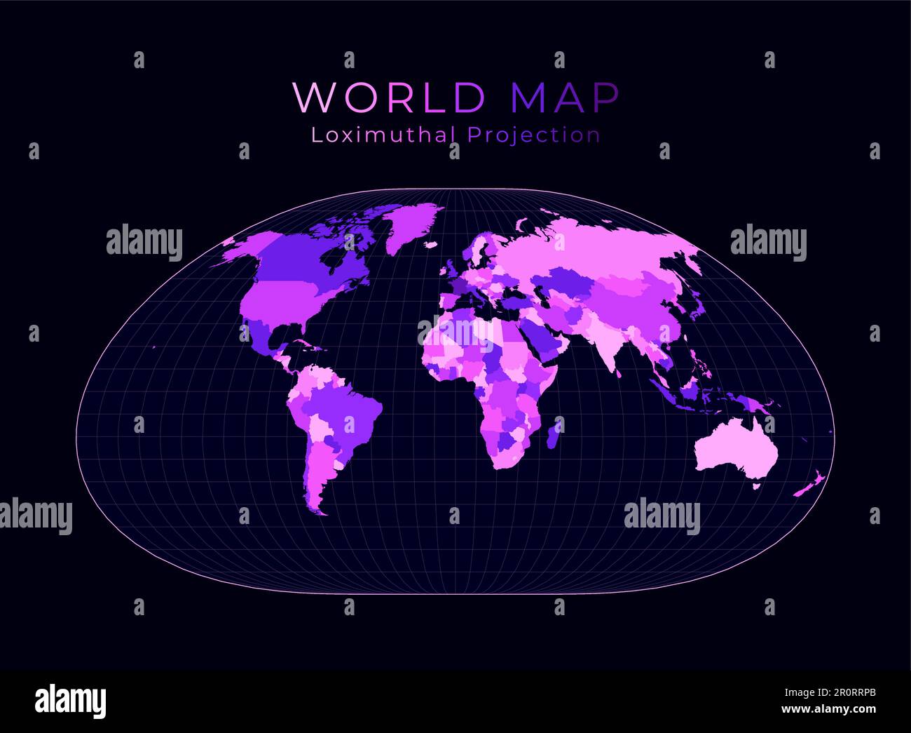 World Map. Loximuthal projection. Digital world illustration. Bright ...