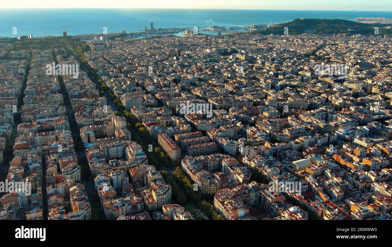Aerial view of typical buildings of Barcelona cityscape. Eixample ...