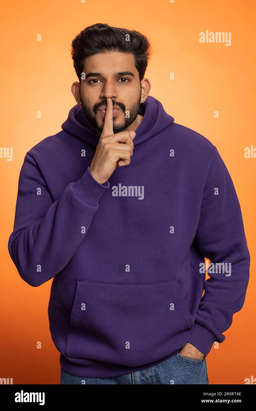 Shh Be Quiet Please Young Indian Man Presses Index Finger To Lips Makes Silence Gesture Sign Do
