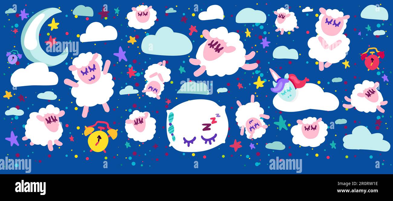 Sleeping sheep vector illustrations set. Bed time positive illustration ...