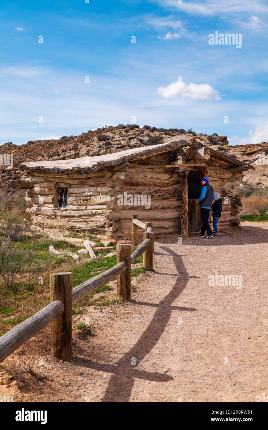 Tourists visit historic 1800's John Wesley Wolfe ranch; Arches National ...
