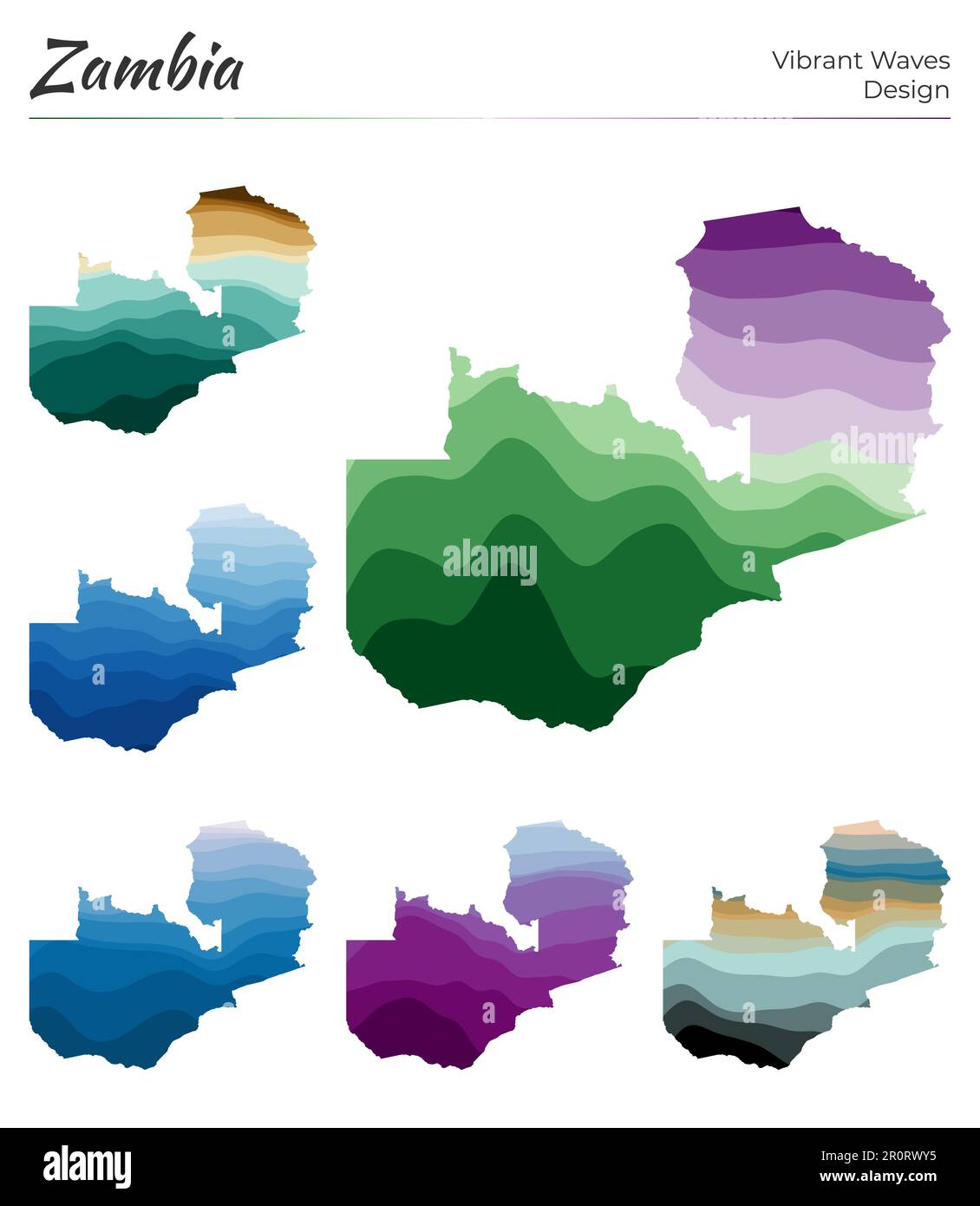Set of vector maps of Zambia. Vibrant waves design. Bright map of country in geometric smooth ...