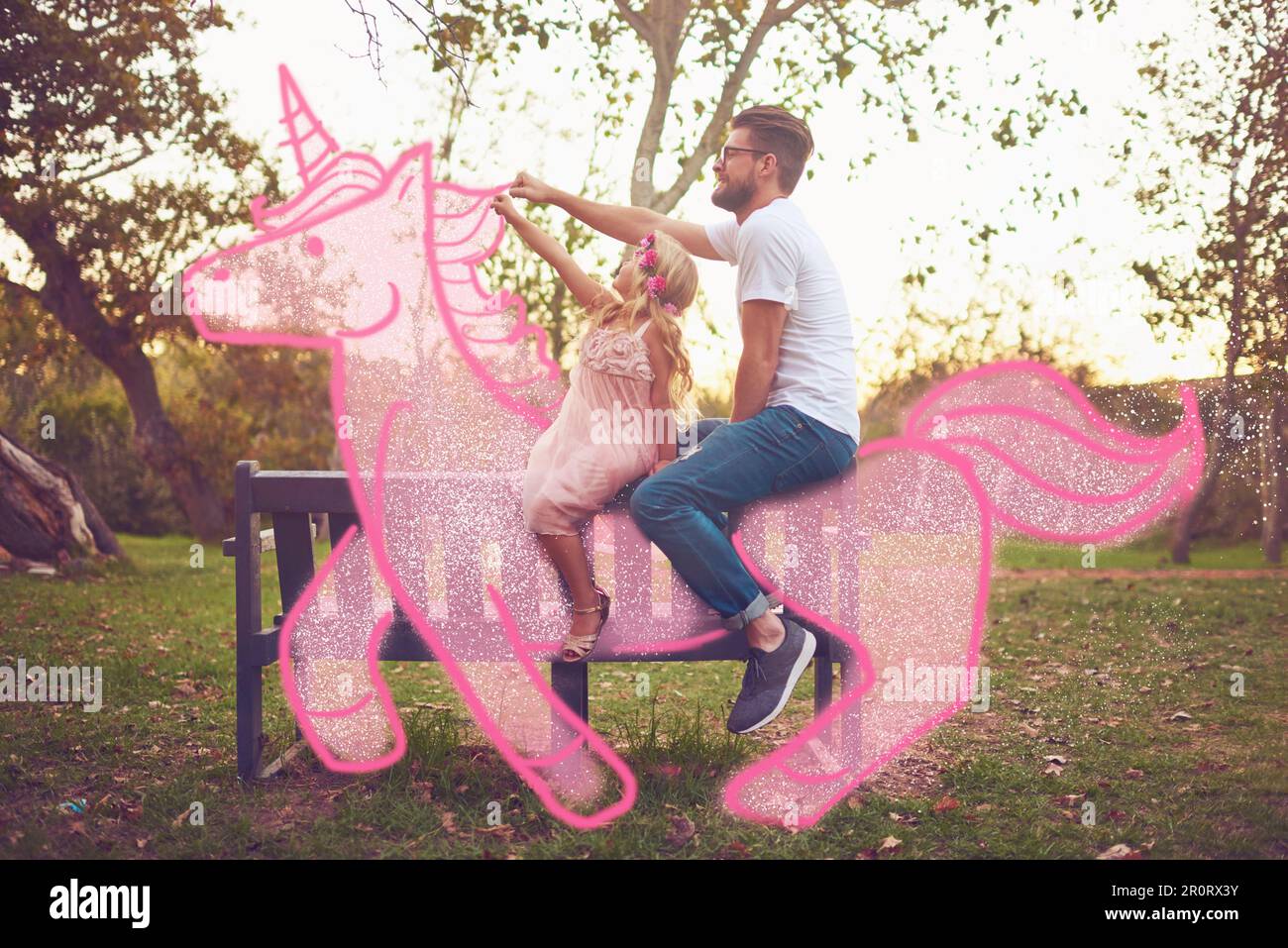 Riding Away Into The Sunset With My Daddy A Happy Father And Daughter Riding A Pink Toy Unicorn