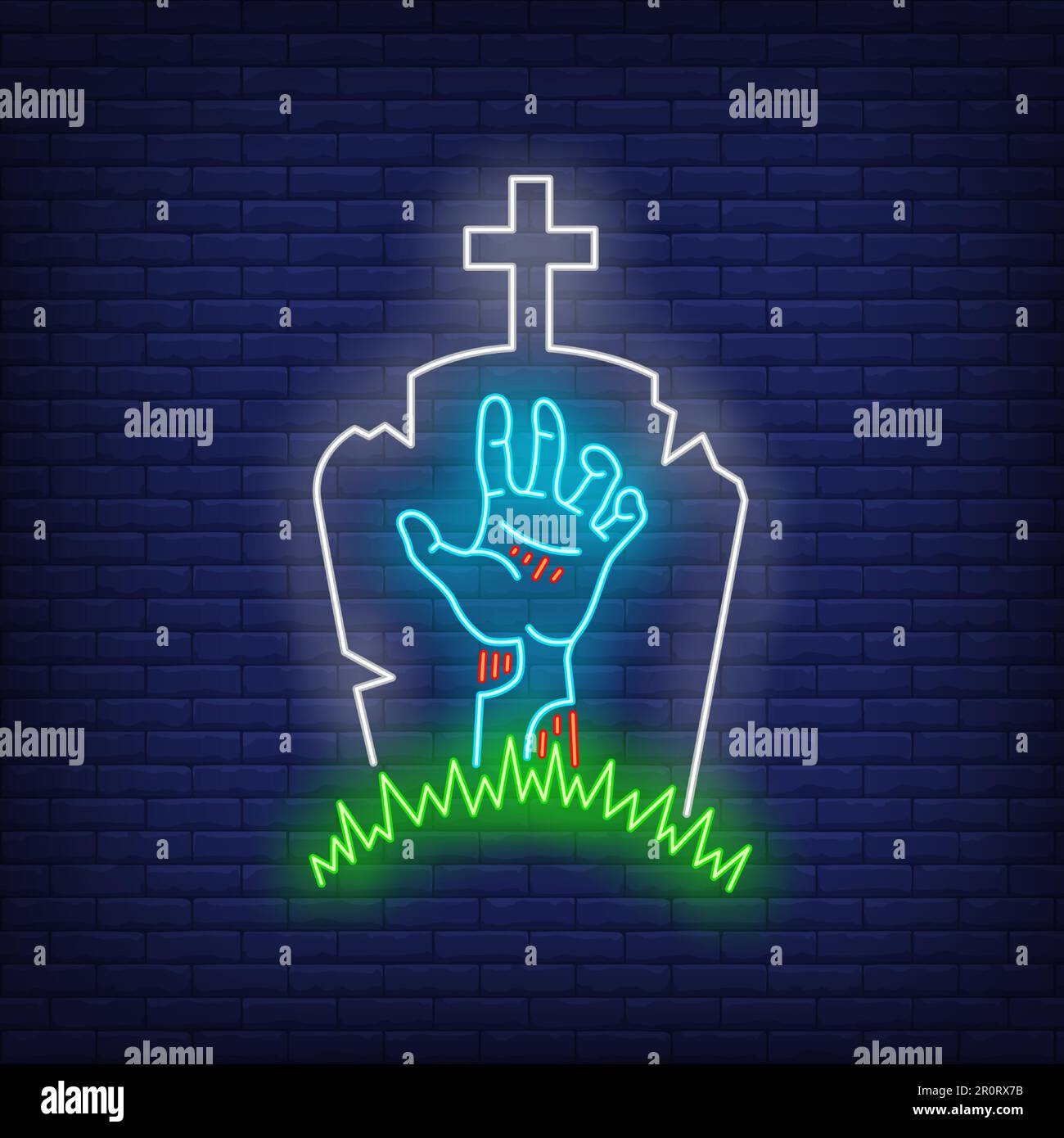 Graveyard with gravestone and zombie hand neon sign Stock Vector Image ...