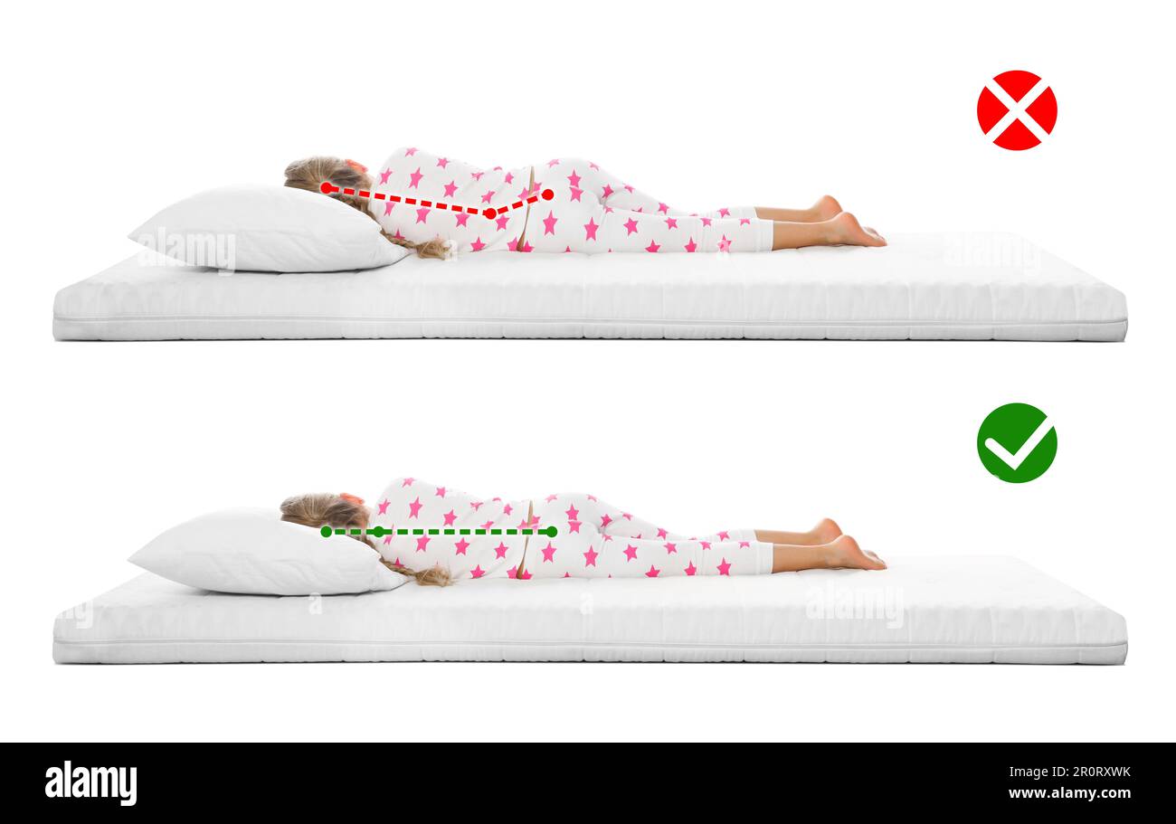 Collage with photos of girl lying on mattress. Wrong and correct ...