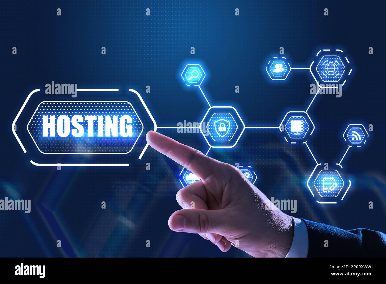Man showing virtual model of word Hosting on color background, closeup ...
