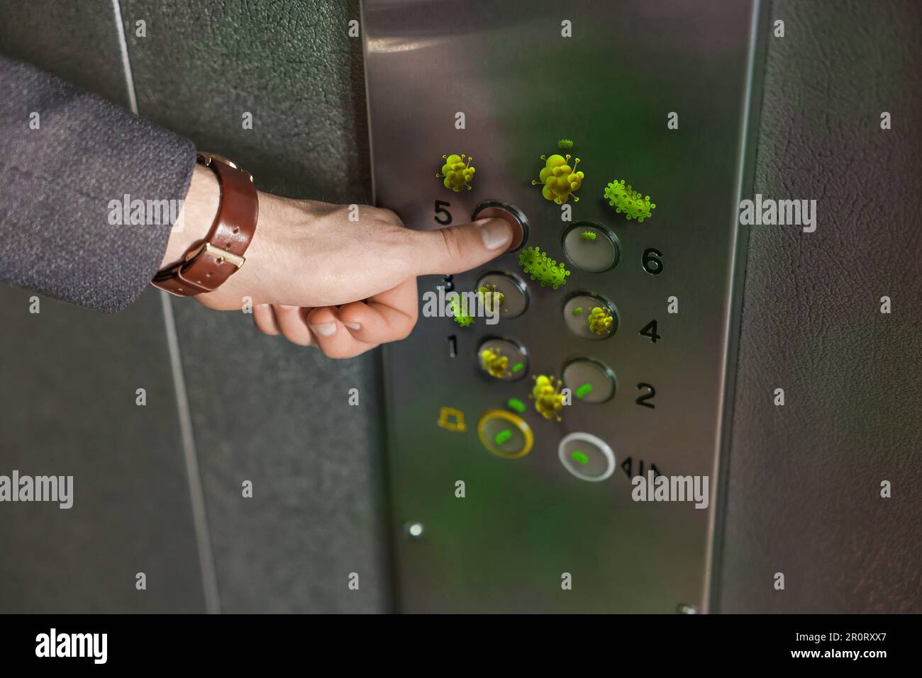 Man press button in elevator with germs, closeup Stock Photo - Alamy
