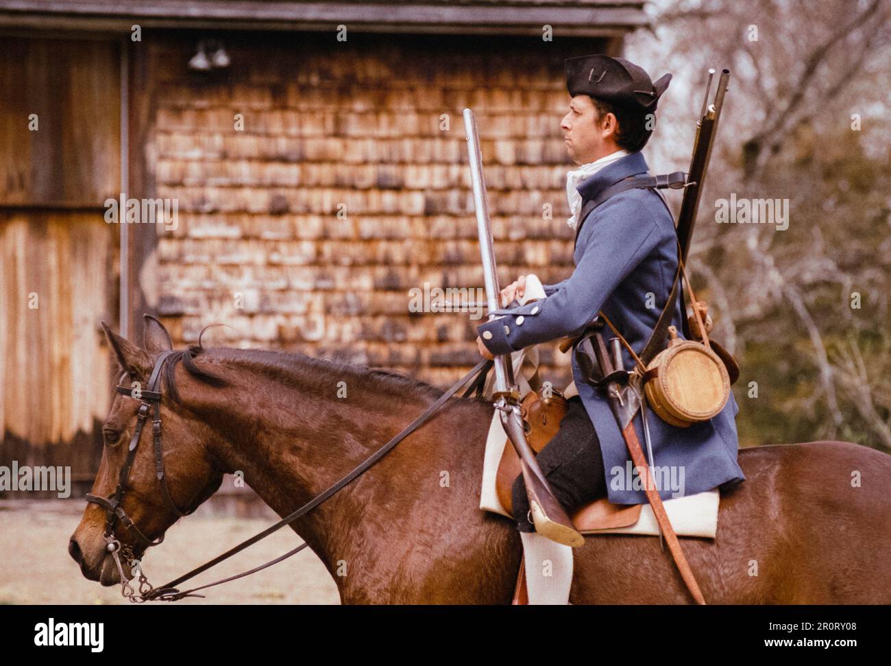Lexington, Massachusetts USA - April 2023 - A colonial soldier dressed ...